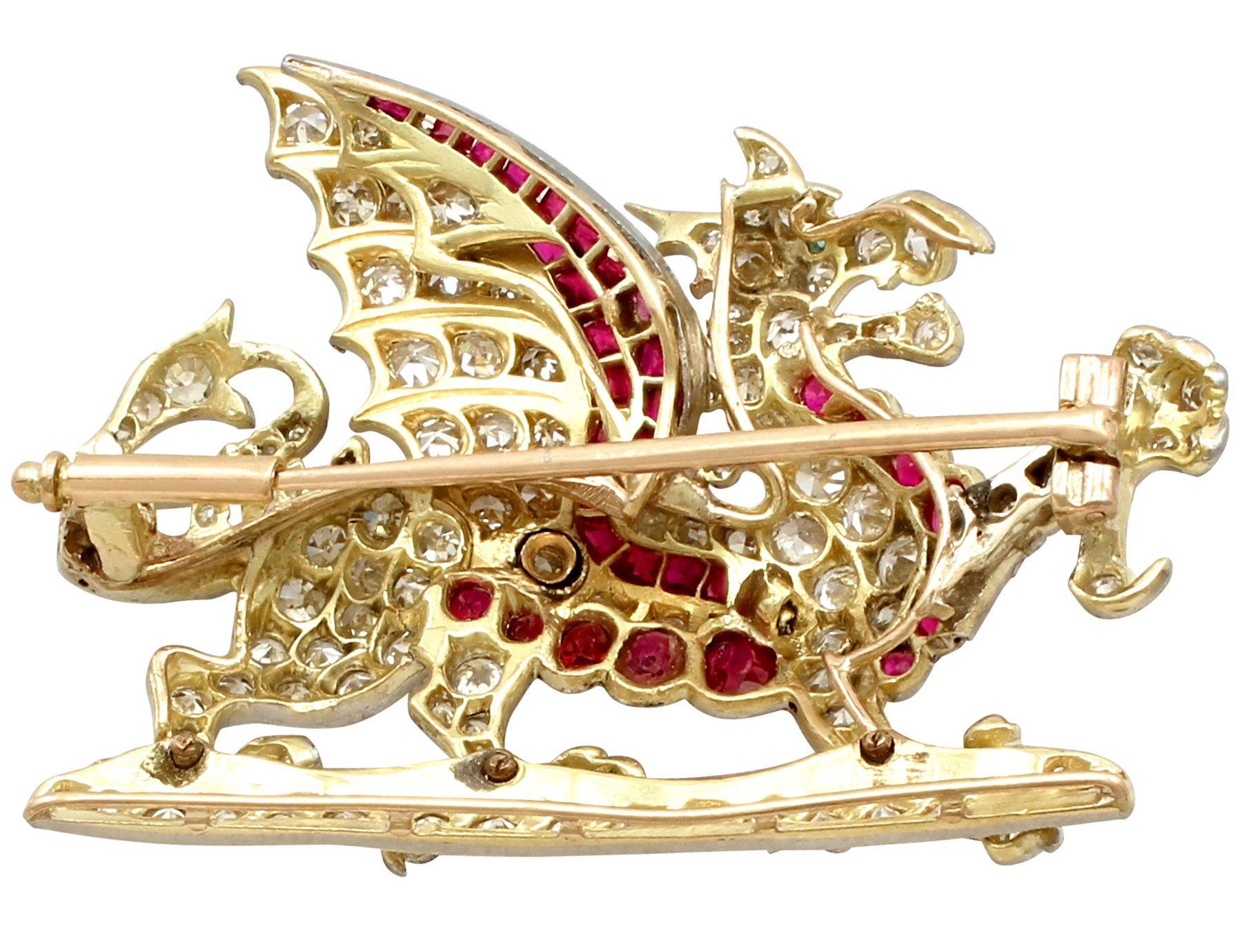 Antique Ruby, Emerald and Diamond Dragon Brooch in 14k Gold For Sale at ...