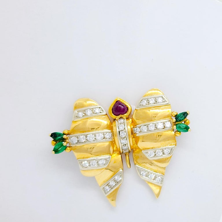 Ruby, Emerald, and Diamond Butterfly Brooch in 18k Yellow Gold For Sale ...