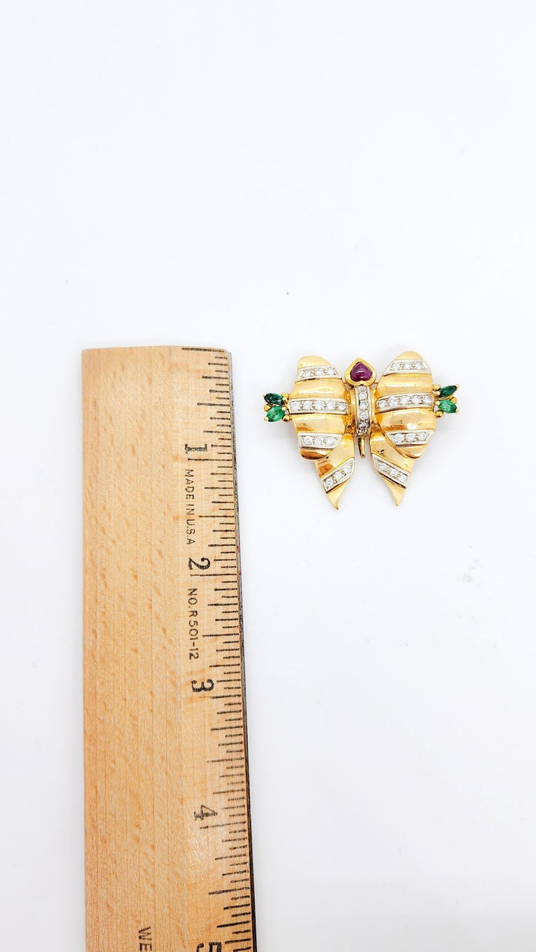 Ruby, Emerald, and Diamond Butterfly Brooch in 18k Yellow Gold For Sale ...