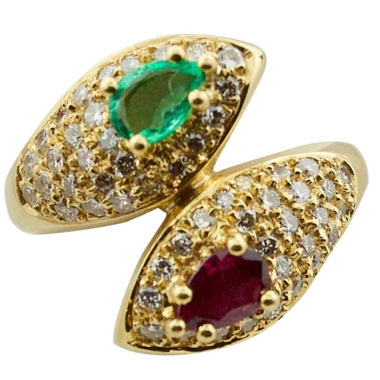 Ruby, Emerald and Diamond "Merry Christmas" Ring in 18 Karat Yellow ...