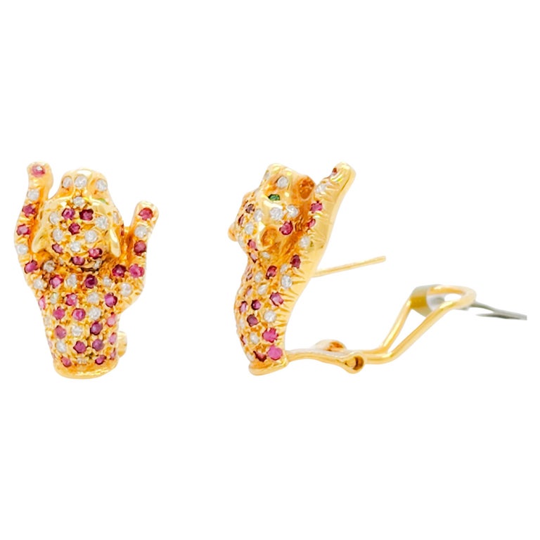 Ruby, Emerald, and White Diamond Crawling Panther Earring Clips in 18k ...