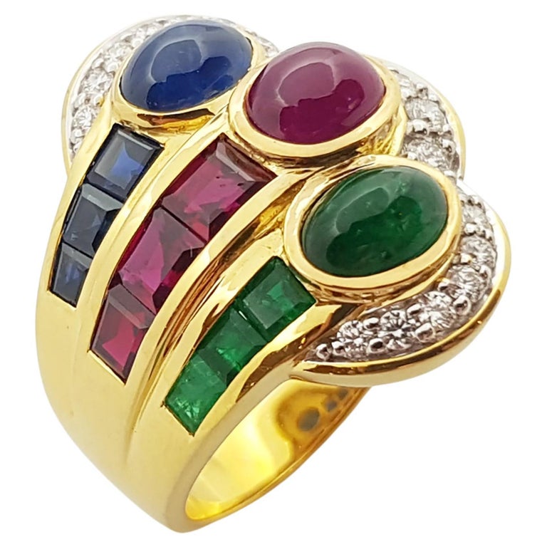 Ruby, Emerald, Blue Sapphire and Diamond Ring Set in 18 Karat Gold ...