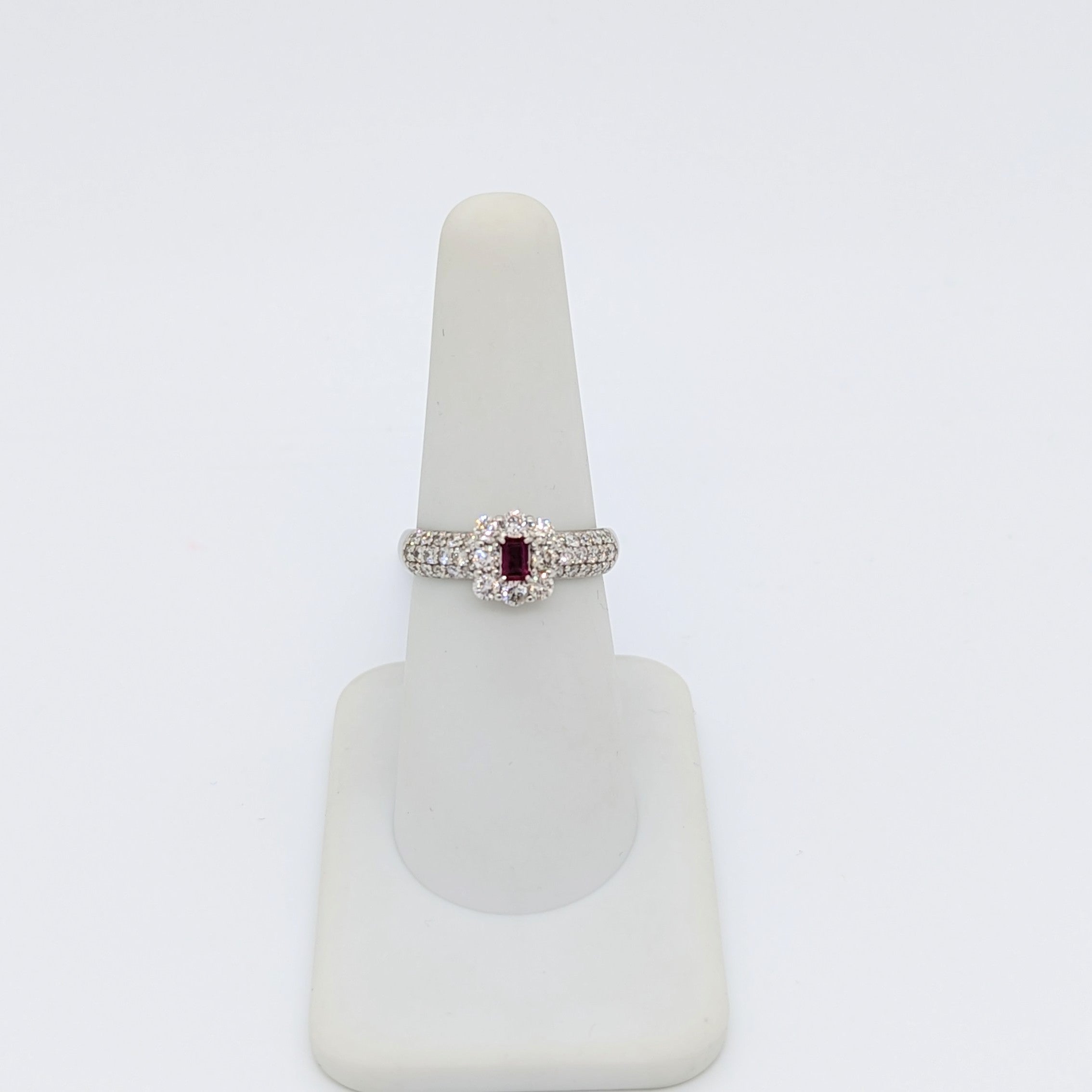Ruby Emerald Cut and White Diamond Round Ring in Platinum For Sale at ...