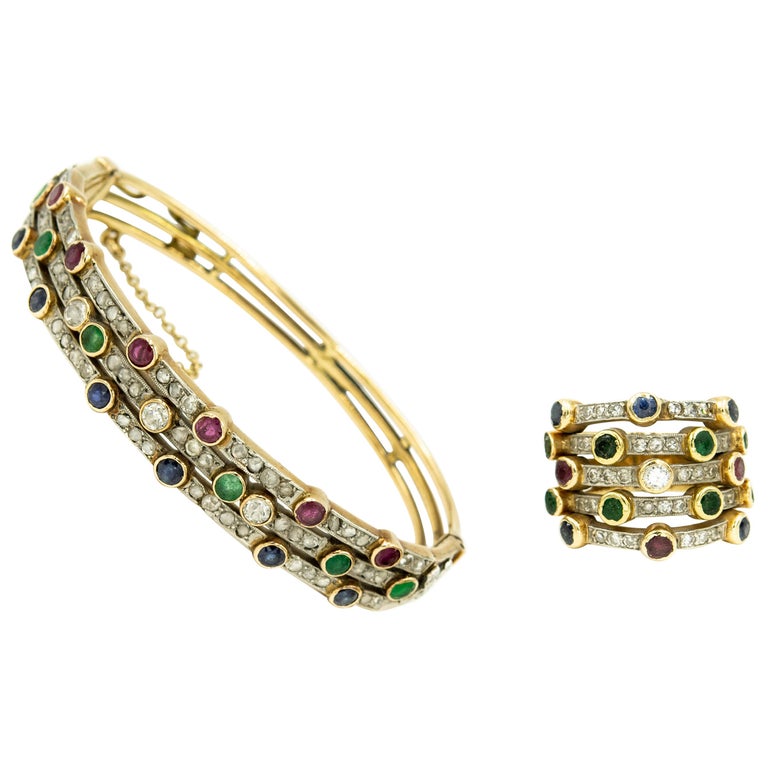 Ruby Emerald Sapphire Diamond Harem Stacked Gold Ring and Bangle Bracelet Set at 1stDibs