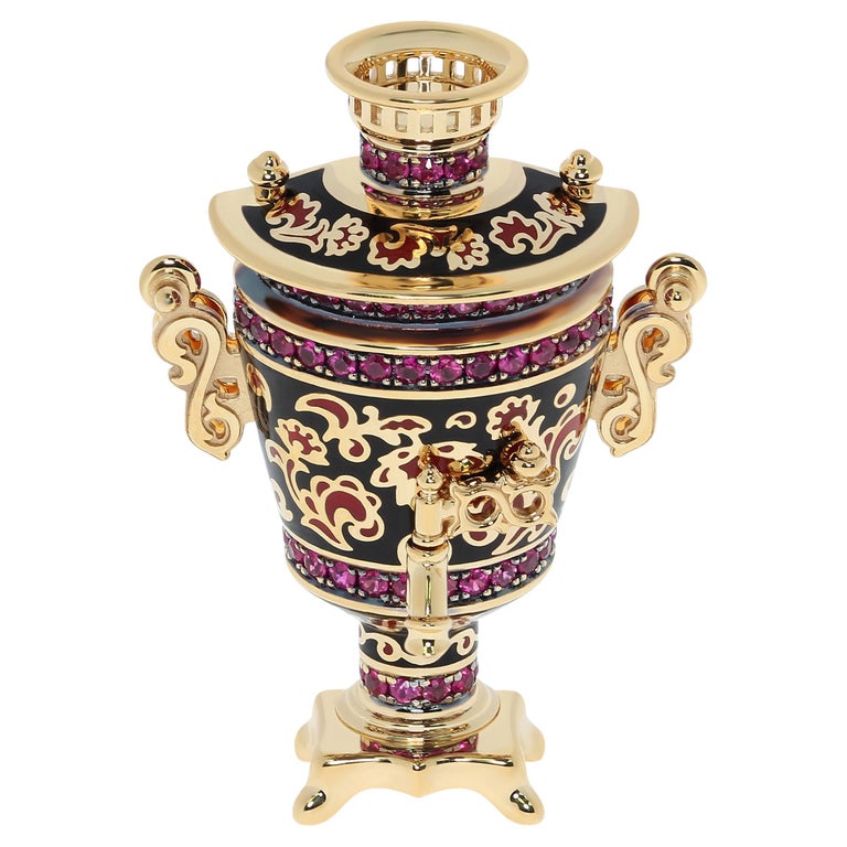 Ruby Enamel 18 Karat Yellow Gold Samovar Brooch For Sale at 1stDibs