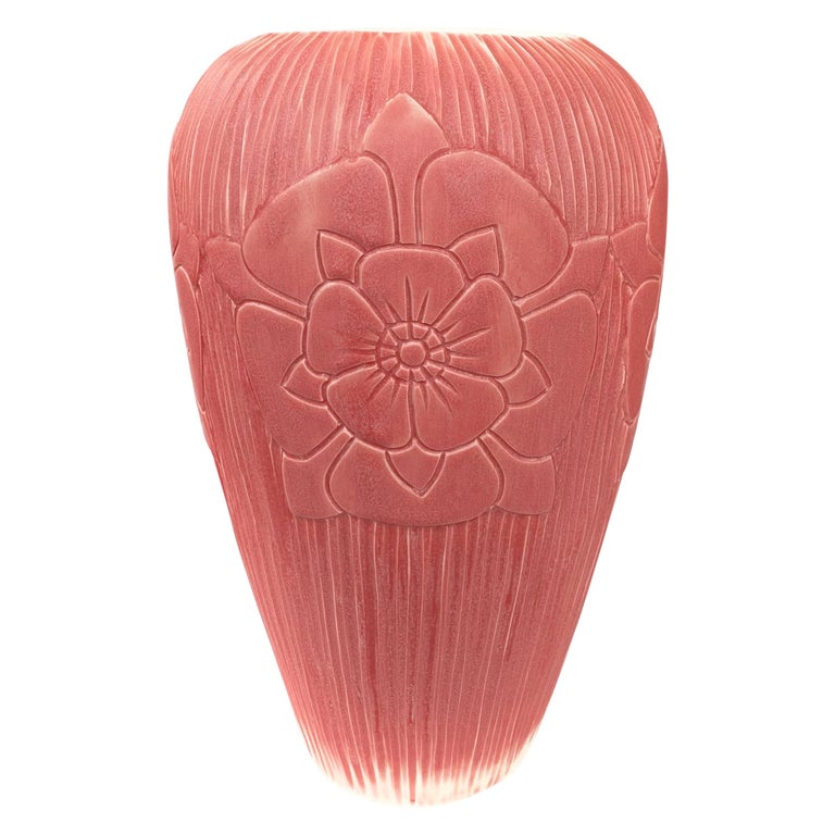 Ruby "English Rose" Hand Carved Porcelain Arts and Crafts Pottery Vase ...