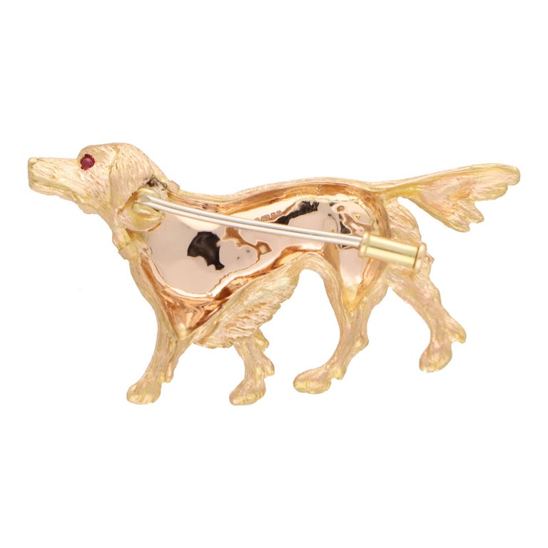 Ruby Eyed Spaniel Dog Brooch Set in 18k Rose Gold For Sale at 1stDibs