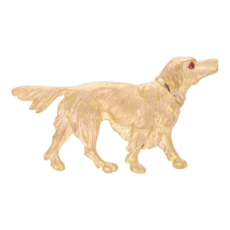 Ruby Eyed Spaniel Dog Brooch Set in 18k Rose Gold For Sale at 1stDibs