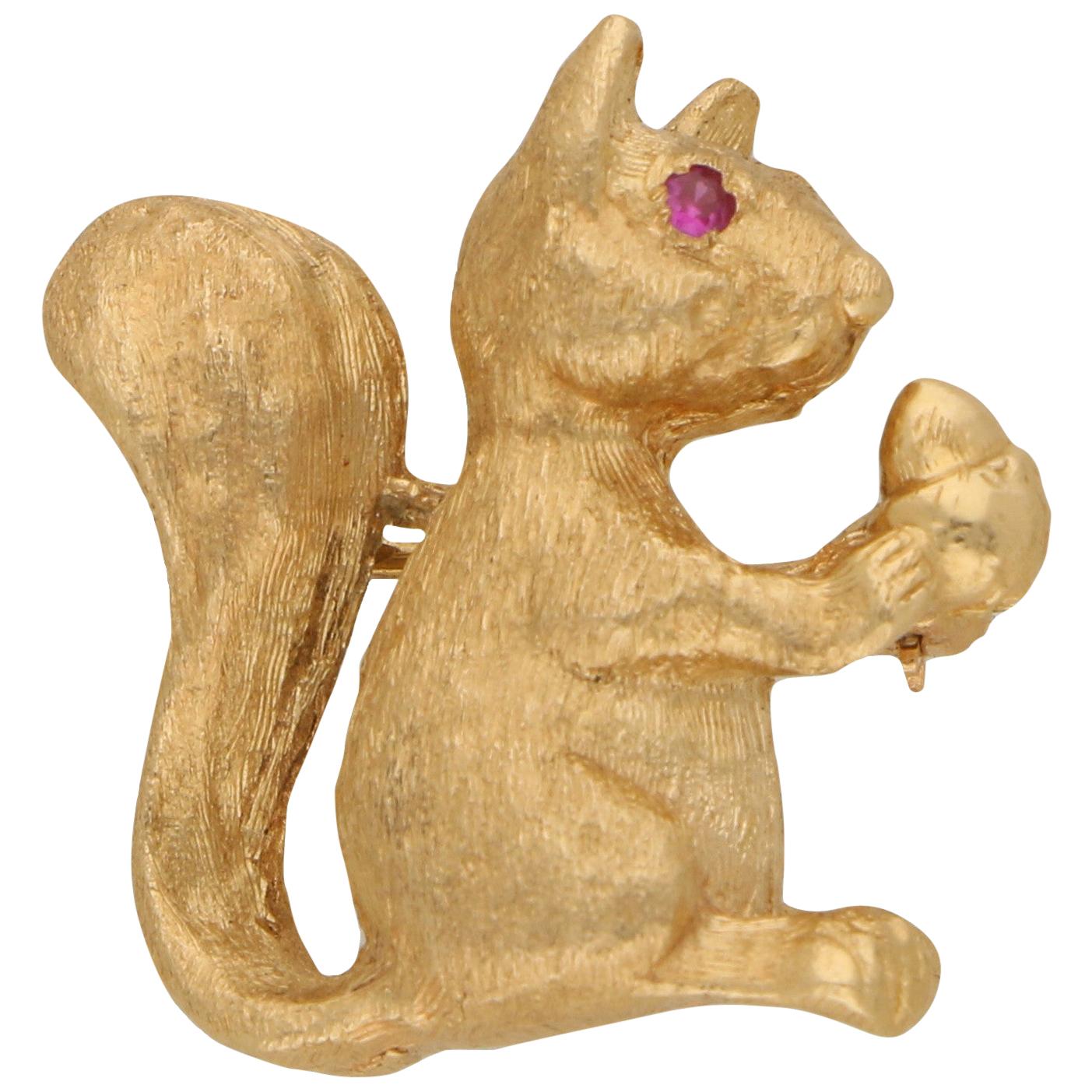 Ruby Eyed Squirrel Brooch Set in 14 Karat Rose Gold at 1stDibs