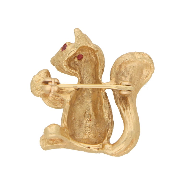 Ruby Eyed Squirrel Brooch Set in 14 Karat Rose Gold at 1stDibs