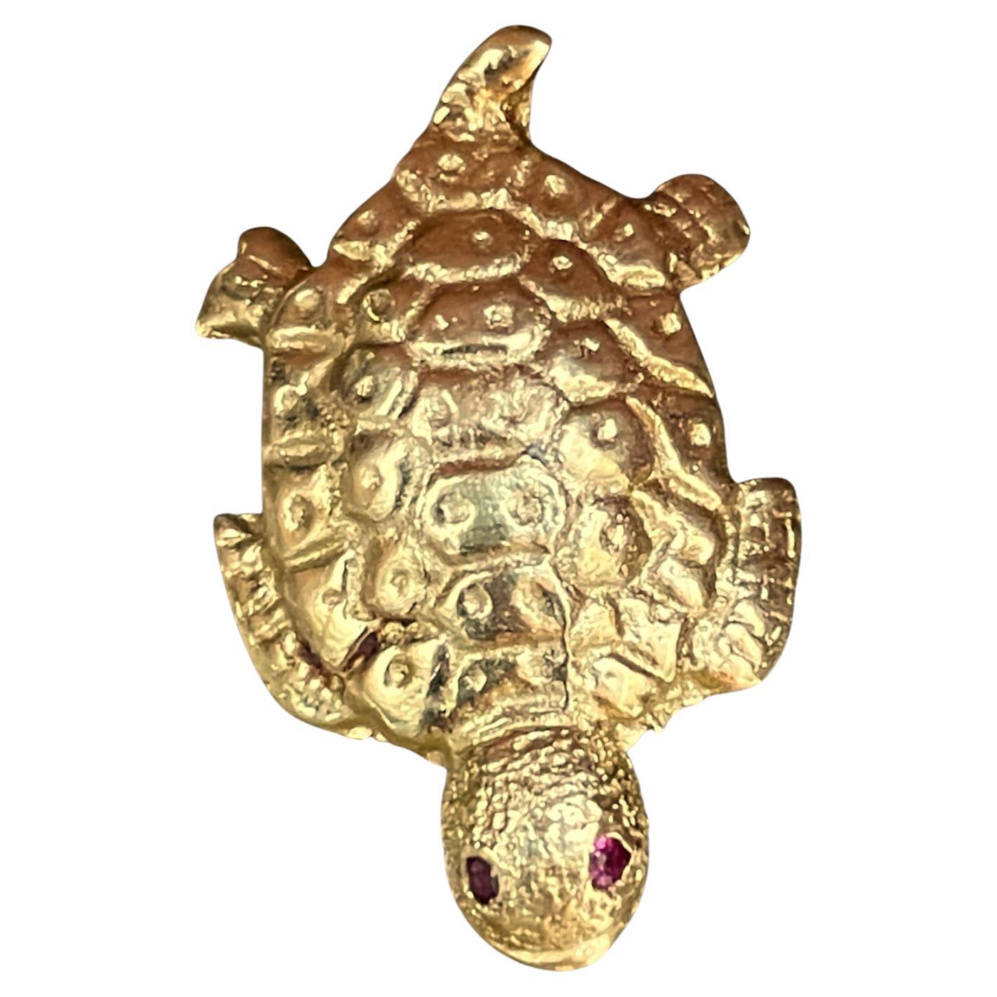 Ruby Eyed Turtle Pin in Yellow Gold For Sale at 1stDibs