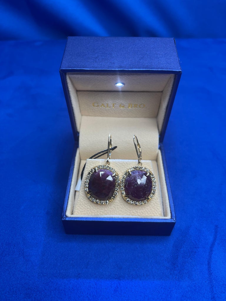 Ruby Faceted Cabochon Slice Diamond Halo Drop 18 Karat Yellow Gold Hug ...