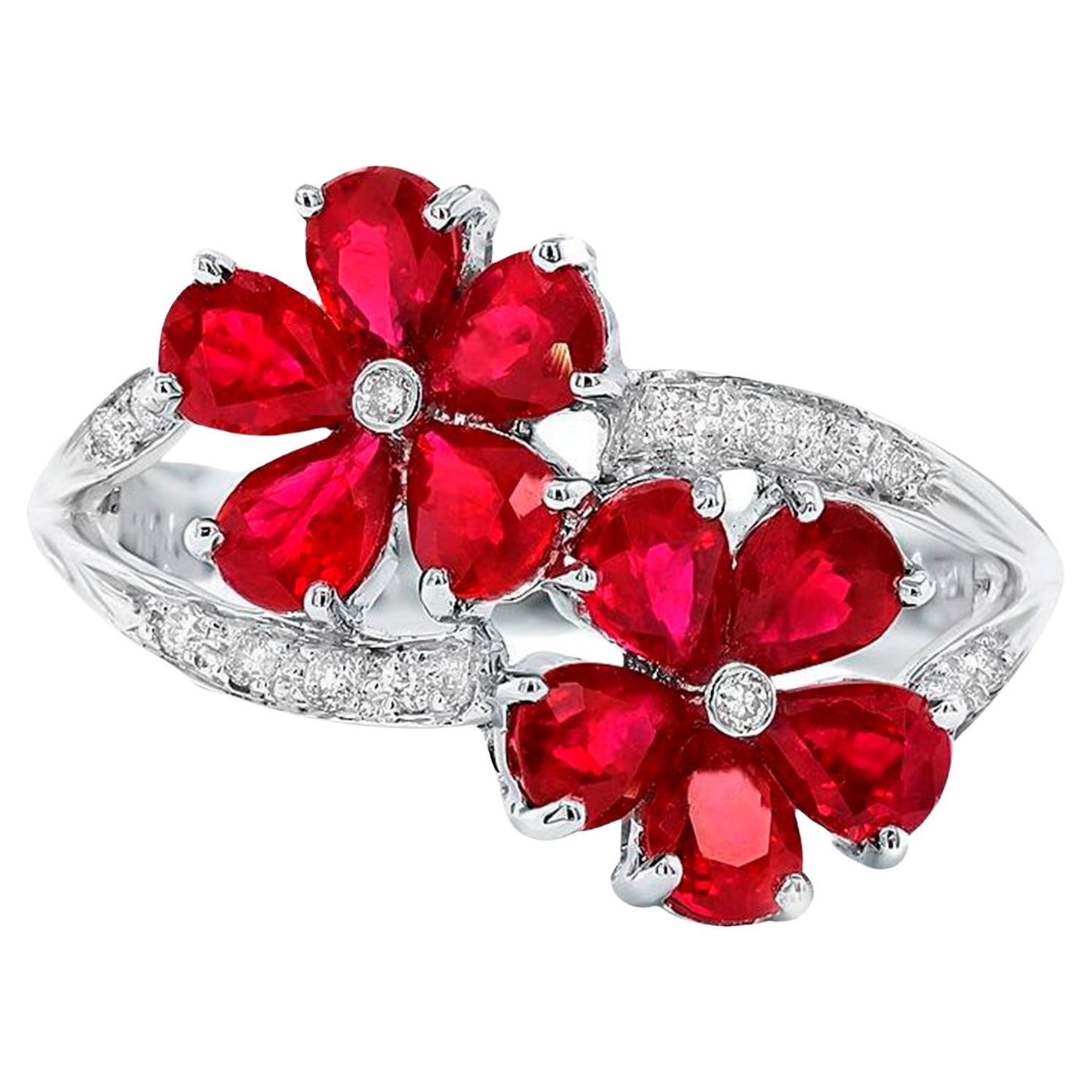 Ruby Flower Ring Diamond Setting 1.92 Carats 18K White Gold For Sale at ...