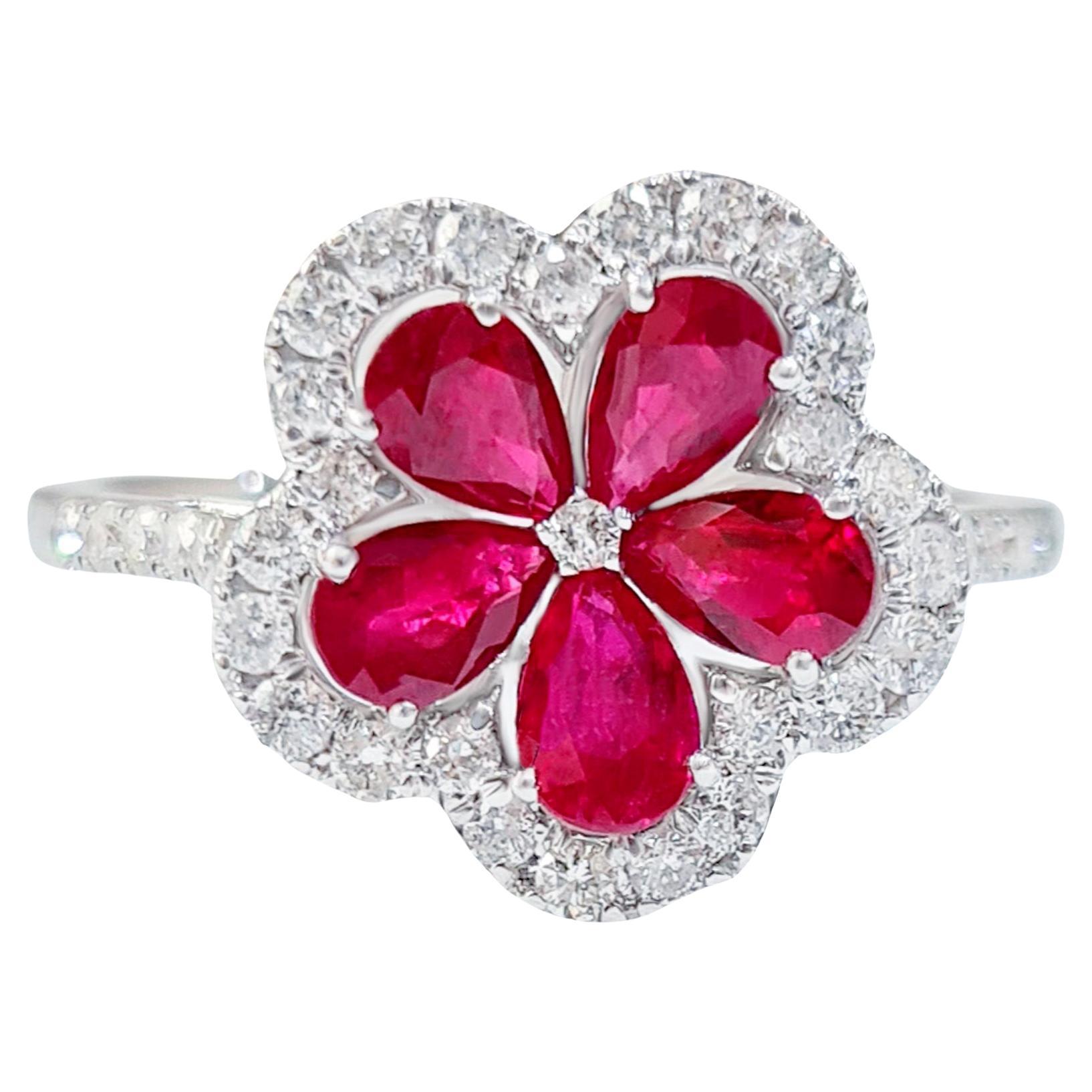 Ruby Flower Ring With Diamonds 1.55 Carats 18K White Gold For Sale at ...