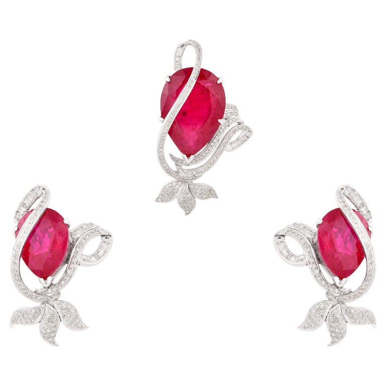 Ruby Gemstone Pendant Earrings Silver 18 Kt Gold Pave Diamond Handmade Jewelry For Sale at 1stDibs