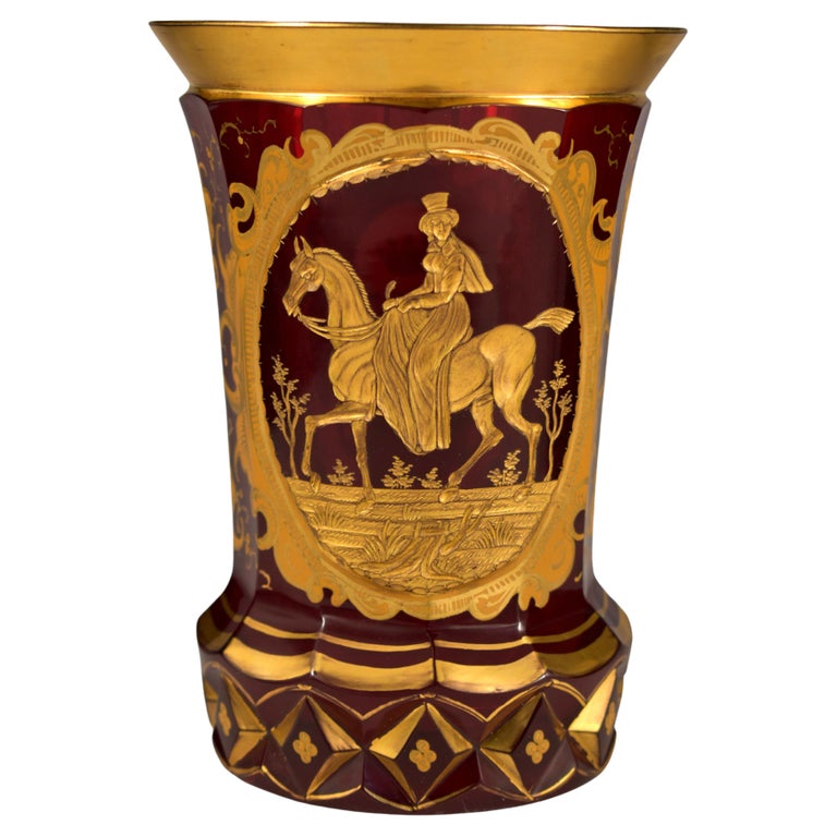 Ruby Goblet, Cut and Gilded Engraving, Lady on Horseback 19th Century ...