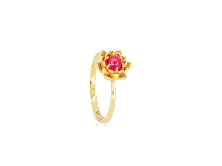 Ruby Gold Ring in 14k Gold, Lotus Flower Ring, Ruby Cabochon Ring For ...