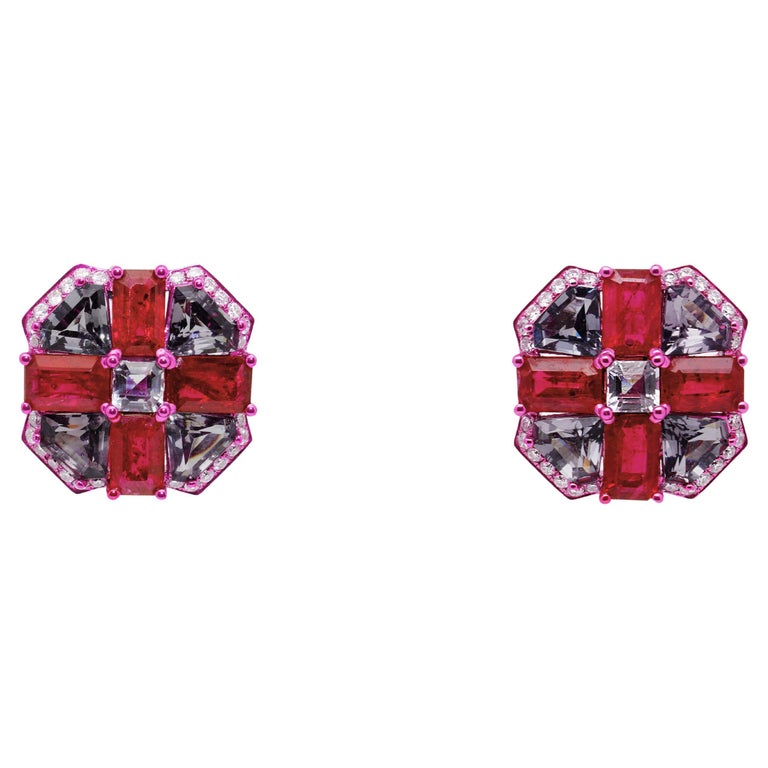 Ruby, Grey Spinel and Diamond Stud Earrings, 18K Gold, Austy Lee For ...