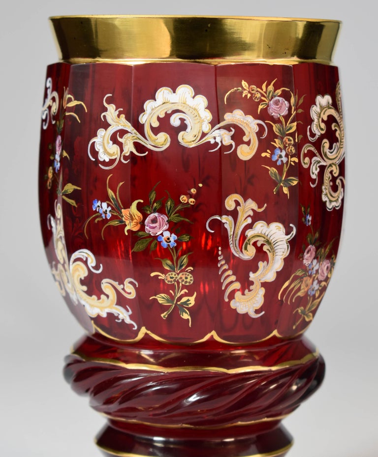 Ruby Hand Blown Goblet Gold Plated Flowers Motive at 1stDibs