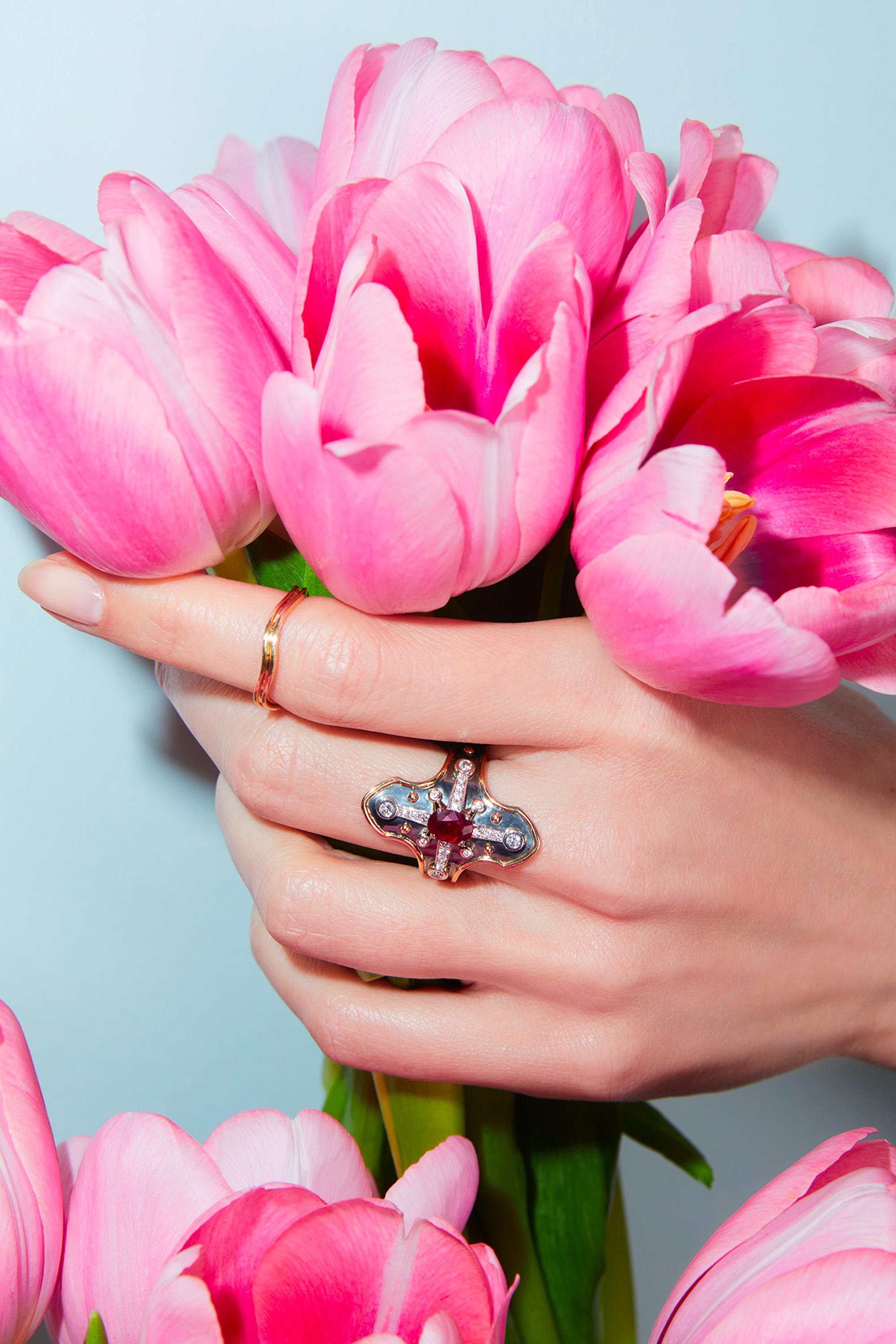 Ruby and Diamond Heaume Ring in 18k Yellow Gold by Elie Top For Sale at ...