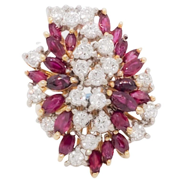 Ruby Marquise and White Diamond Round Cluster Ring in 14k Yellow Gold ...