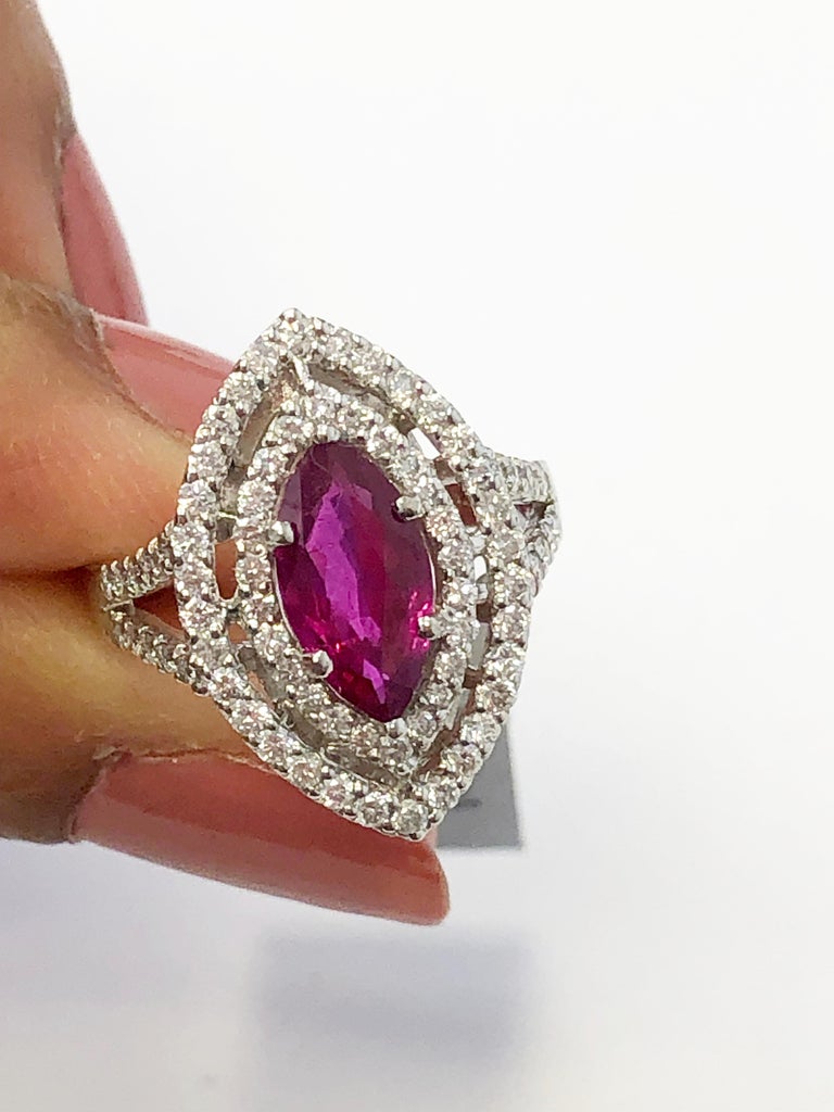 Ruby Marquise and White Diamond Round Cocktail Ring in Platinum For ...