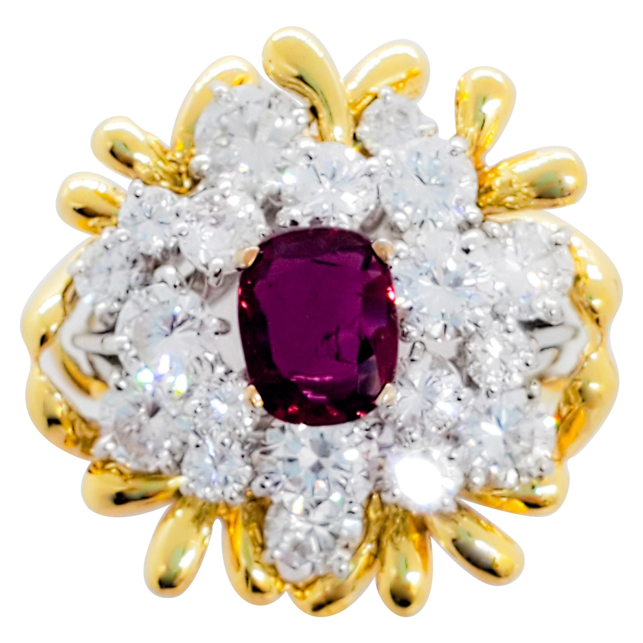 Ruby Diamond Gold Platinum Oval Tablet Cluster Ring For Sale at 1stDibs