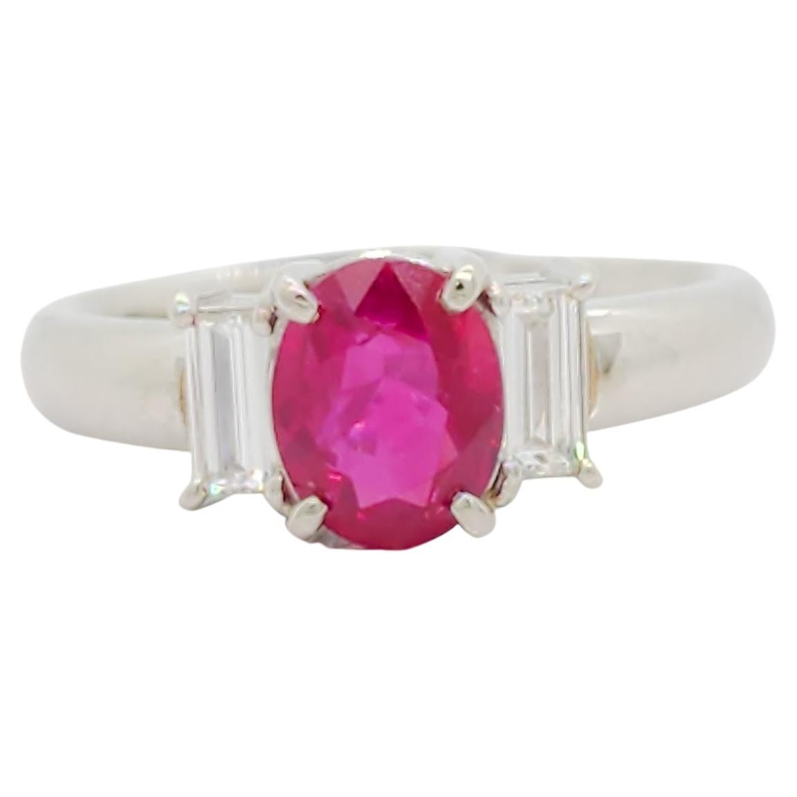 Oval Ruby and Diamond Three-Stone Engagement Ring in Platinum at 1stDibs