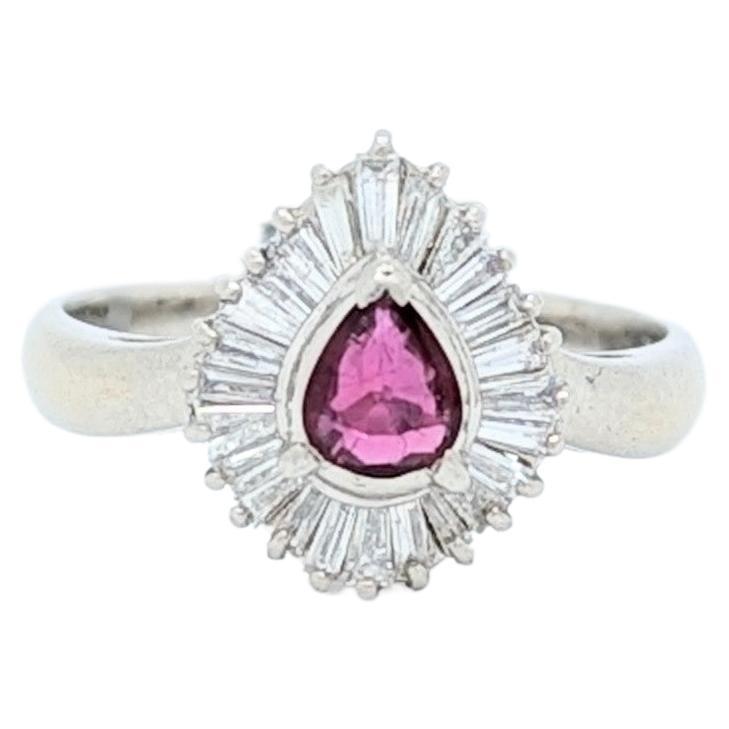 Ruby Pear Shape and Baguette Diamond Ring in Platinum For Sale at 1stDibs