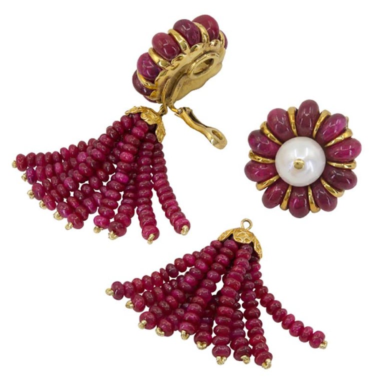 Ruby Pearl Yellow Gold Detachable Tassel Earrings For Sale at 1stDibs