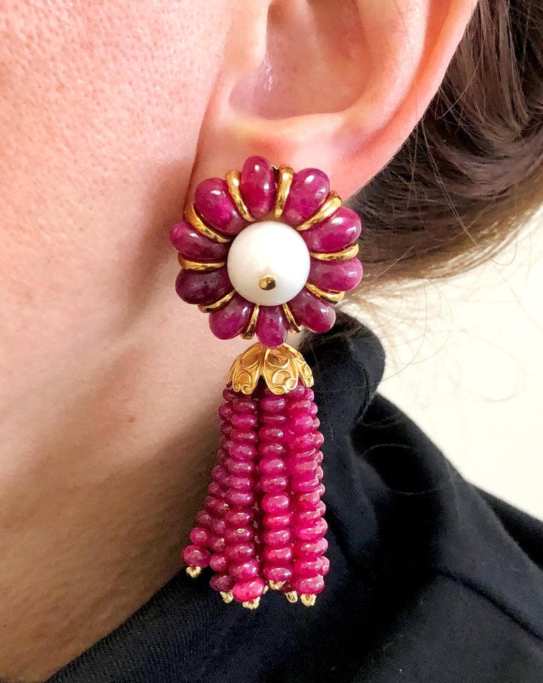 Ruby Pearl Yellow Gold Detachable Tassel Earrings For Sale at 1stDibs