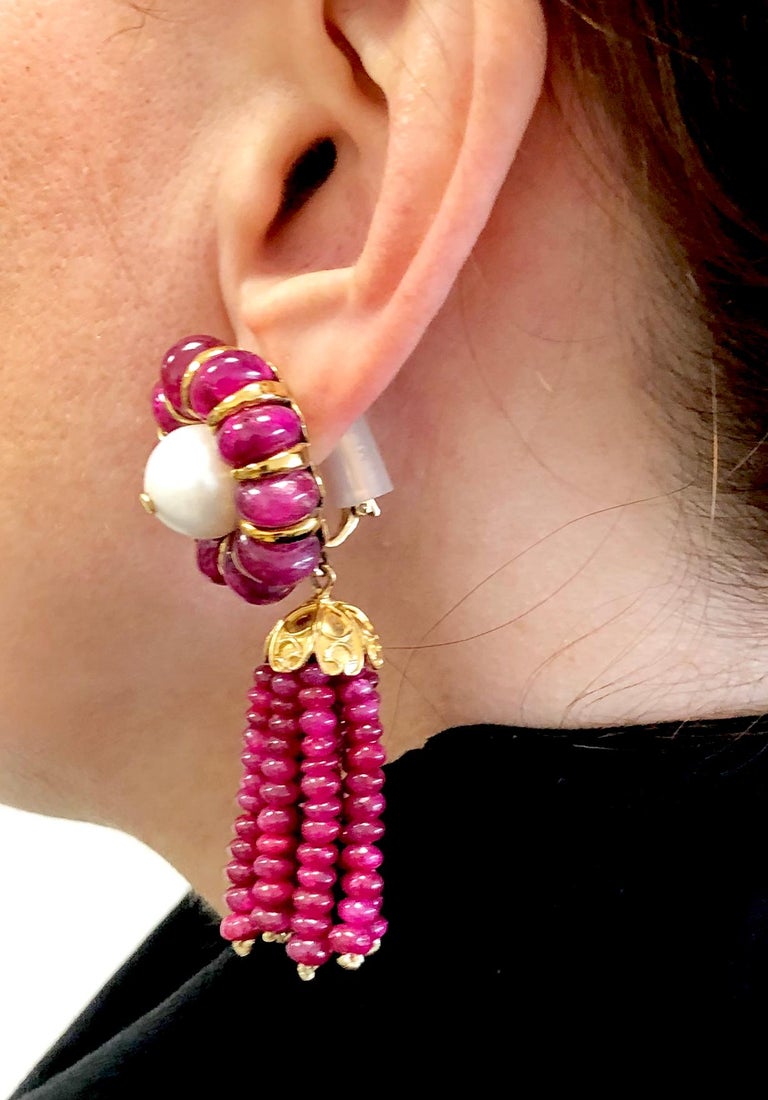 Ruby Pearl Yellow Gold Detachable Tassel Earrings For Sale at 1stDibs
