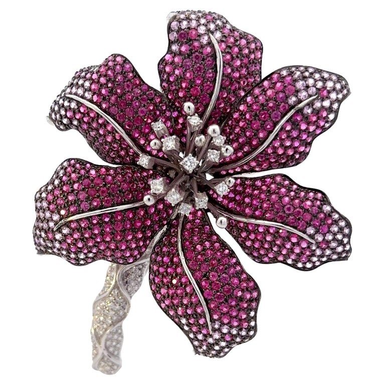 Ruby, Pink Sapphire and Diamond Orchid Brooch in 18 Karat White Gold ...