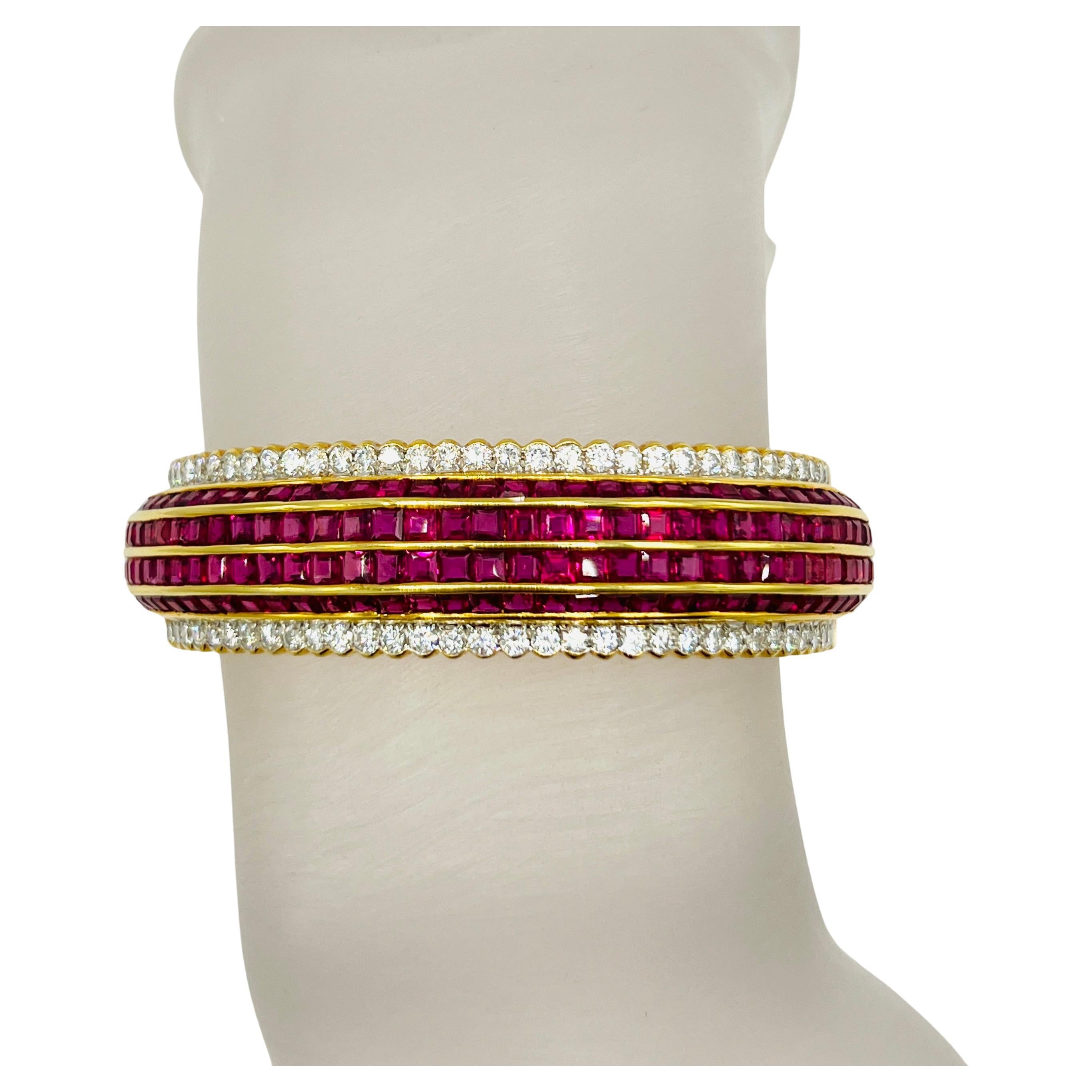 Ruby Princess Cut and White Diamond Round Bangle in 18K Yellow Gold For ...