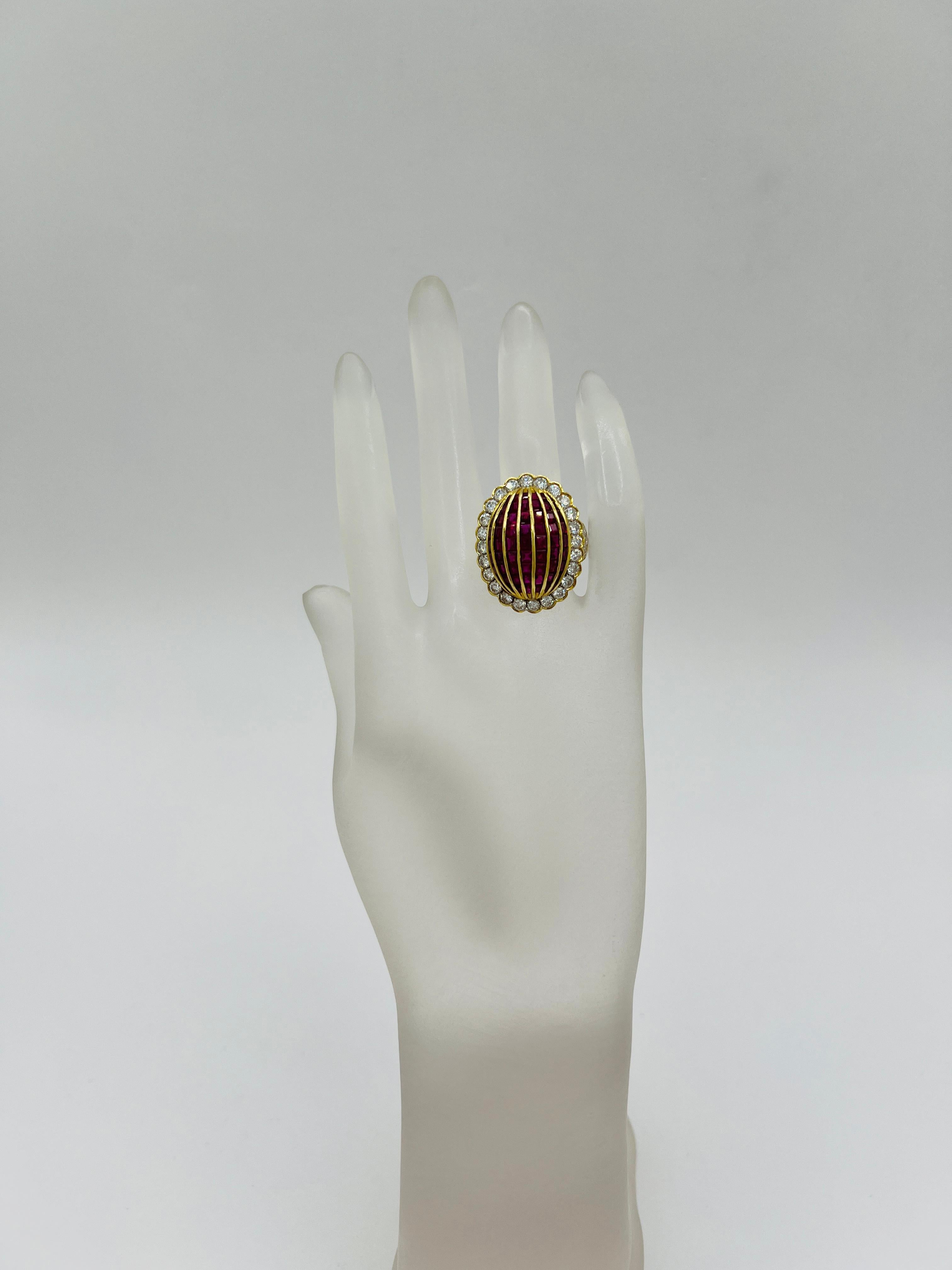 Ruby Princess Cut and White Diamond Round Ring in 18K Yellow Gold For ...