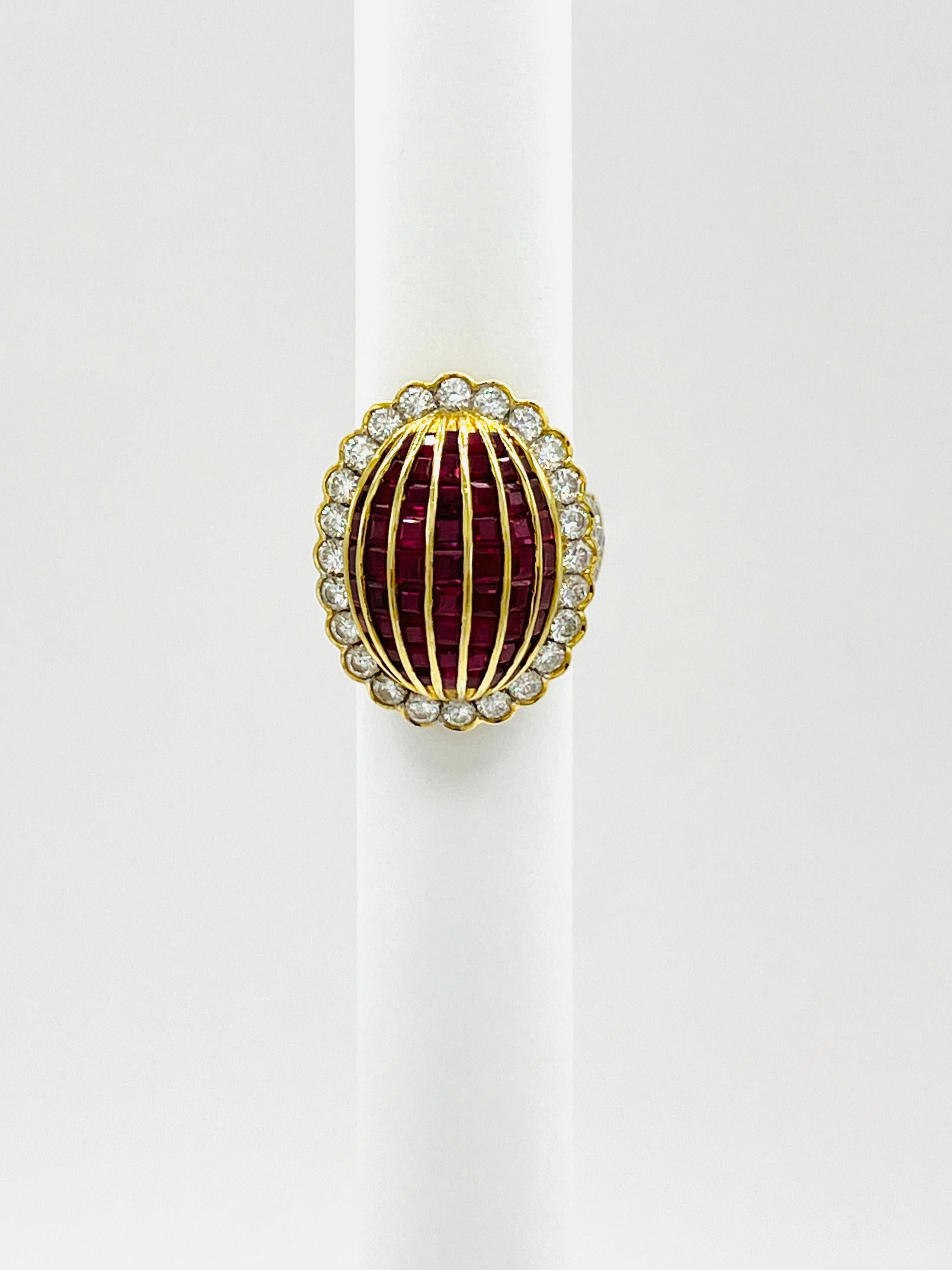 Ruby Princess Cut and White Diamond Round Ring in 18K Yellow Gold For ...
