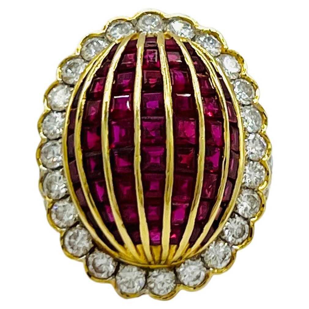 Ruby Princess Cut and White Diamond Round Ring in 18K Yellow Gold For ...
