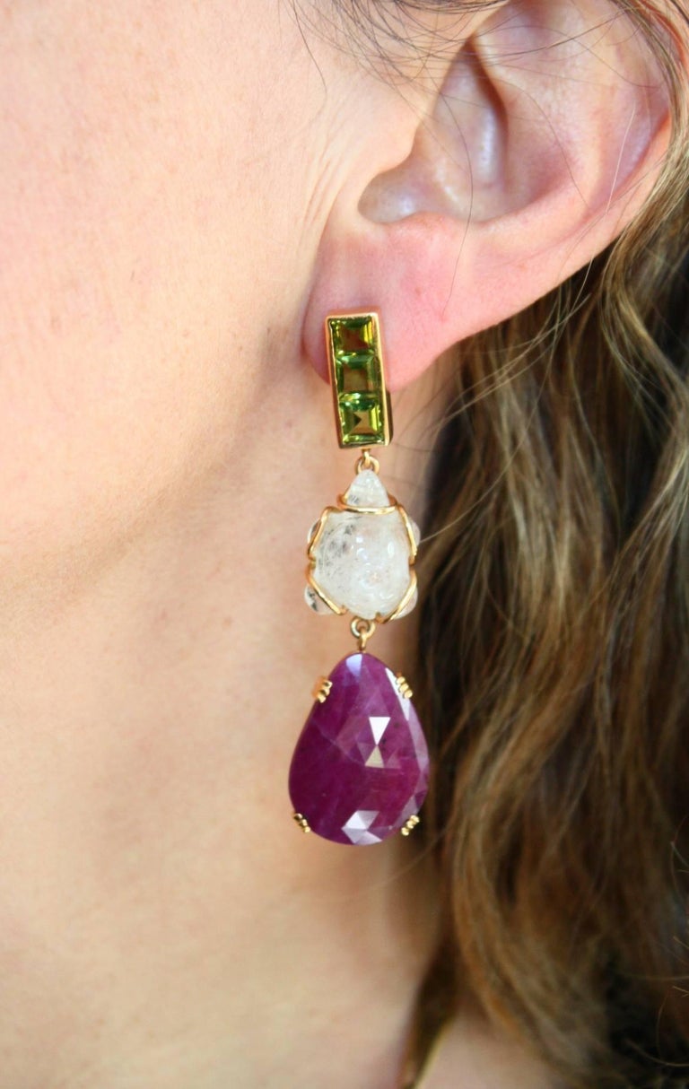 Ruby Quartz Turtle Peridot 18 Karat Gold Dangle Drop Earrings For Sale ...