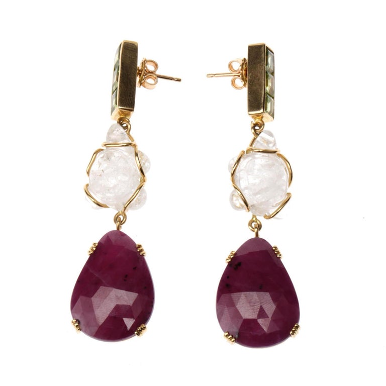 Ruby Quartz Turtle Peridot 18 Karat Gold Dangle Drop Earrings For Sale ...