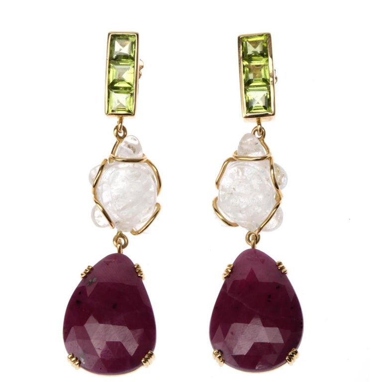 Ruby Quartz Turtle Peridot 18 Karat Gold Dangle Drop Earrings For Sale ...