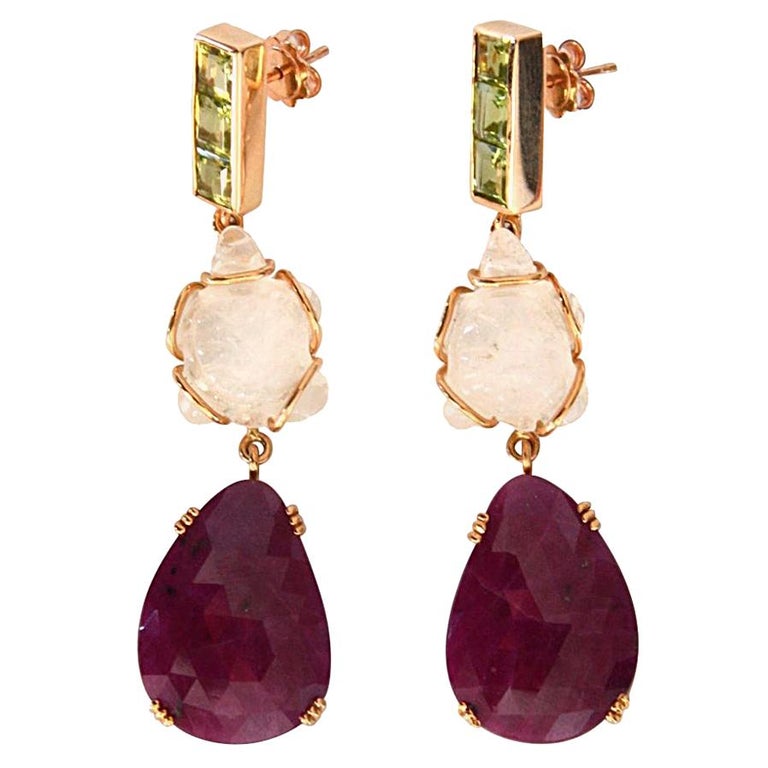 Ruby Quartz Turtle Peridot 18 Karat Gold Dangle Drop Earrings For Sale ...