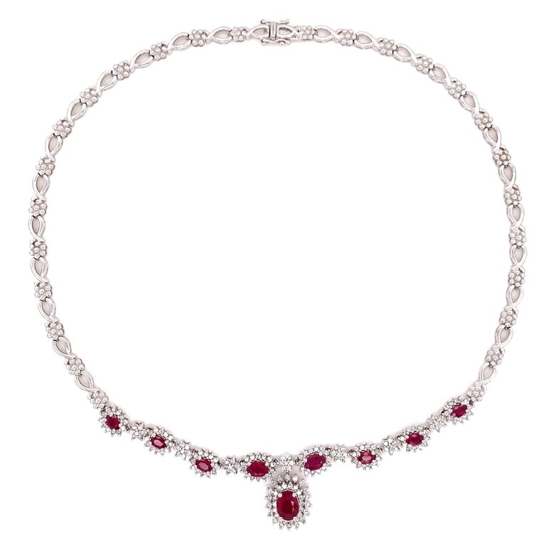 Ruby Red and Diamond Gold Necklace Estate Fine Jewelry For Sale at 1stDibs