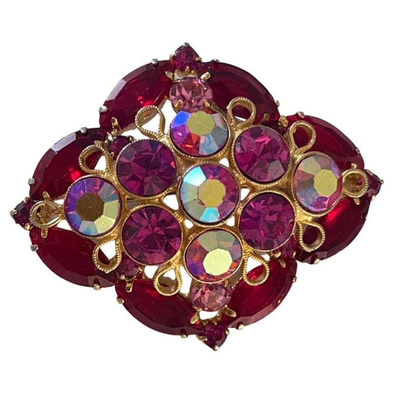 Ruby Red and Rose Pink Multifaceted Rhinestone Brooch. Circa. The 1955 ...