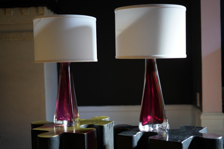 Ruby Red Frosted Triangular Orrefors Lamps, Sweden 1950 For Sale at 1stDibs