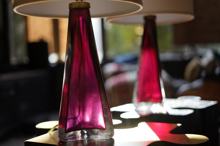 Ruby Red Frosted Triangular Orrefors Lamps, Sweden 1950 For Sale at 1stDibs