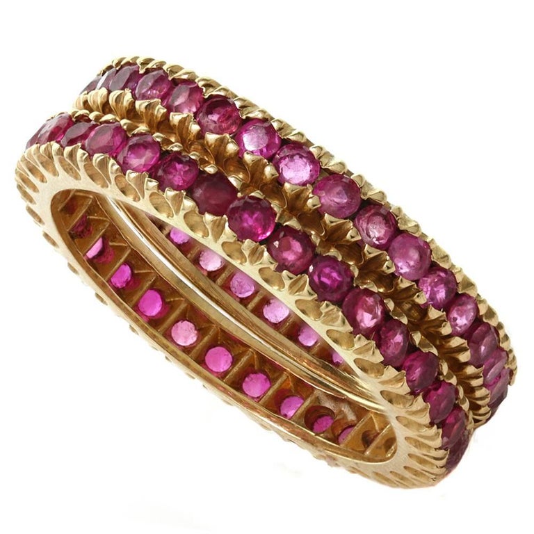 Ruby Rose Gold Eternity Ring Guards Band, Pair at 1stDibs