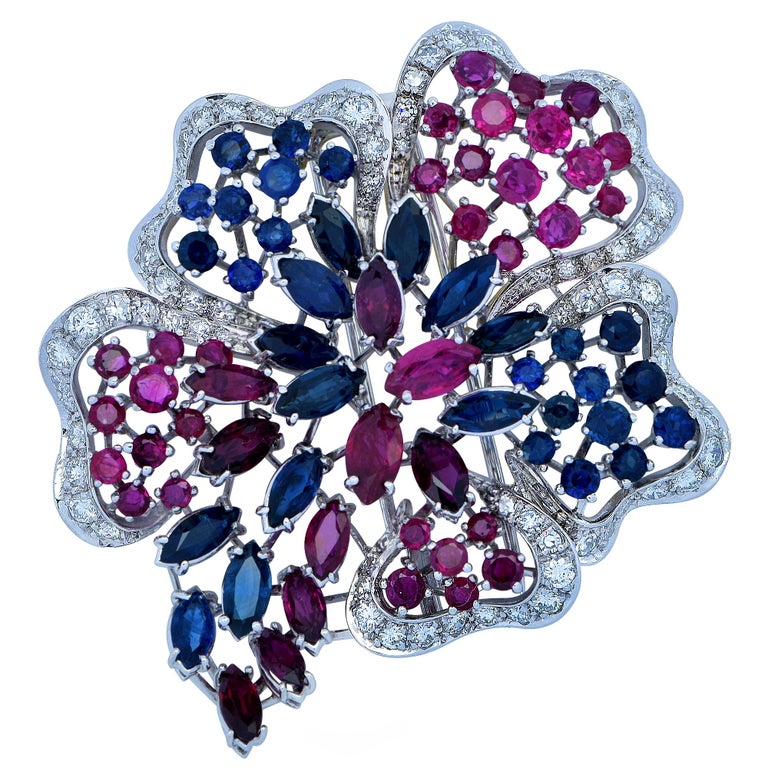 Ruby, Sapphire and Diamond Flower Brooch Pin at 1stDibs