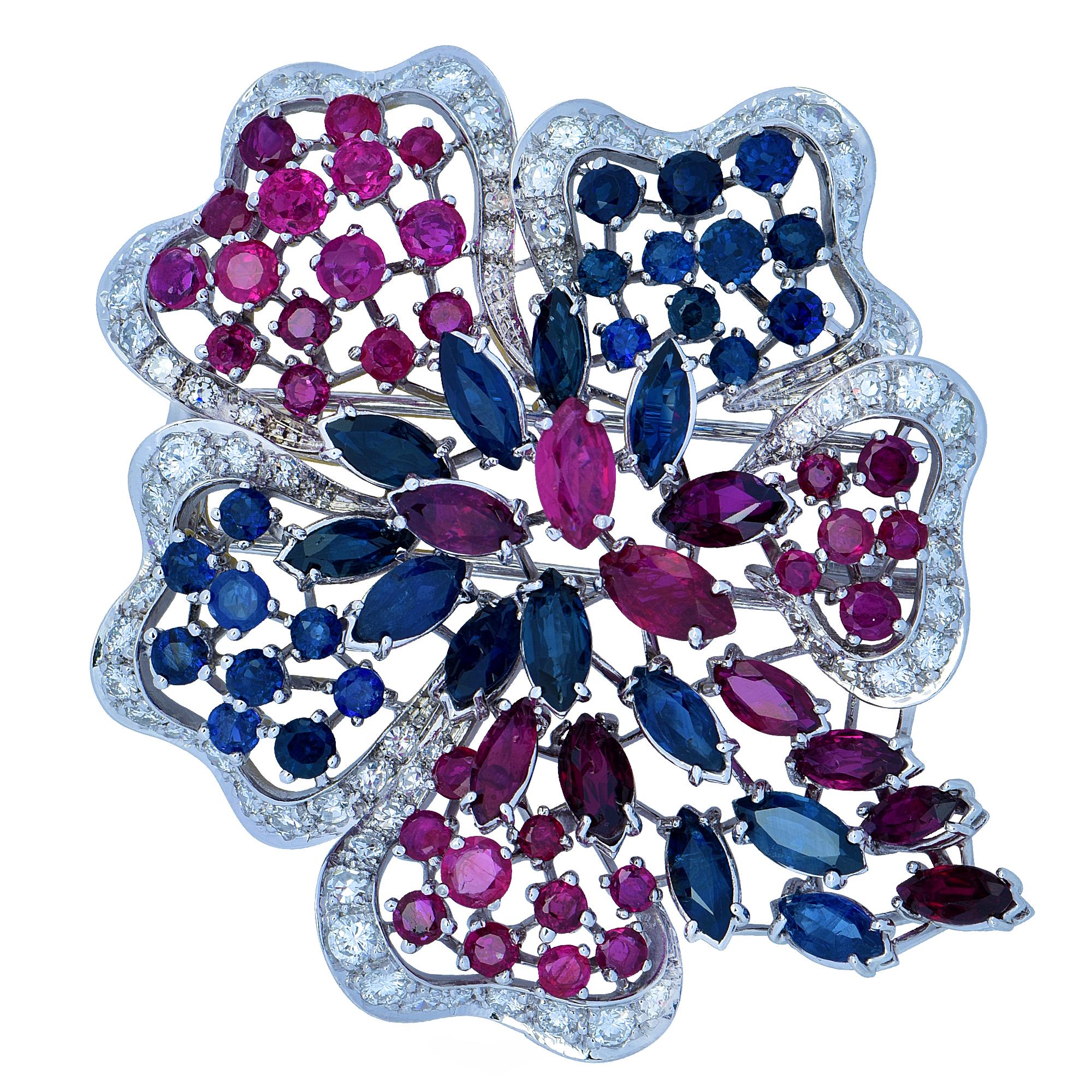 Ruby, Sapphire and Diamond Flower Brooch Pin at 1stDibs