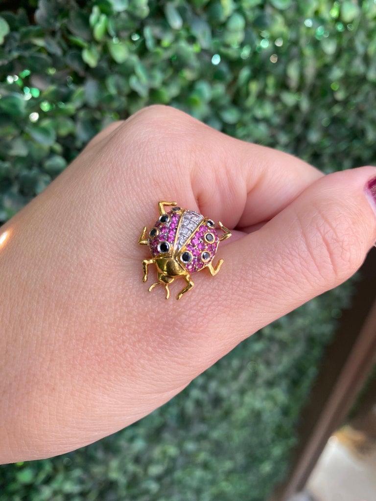 Ruby, Sapphire, and Diamond Ladybug Pin Brooch at 1stDibs
