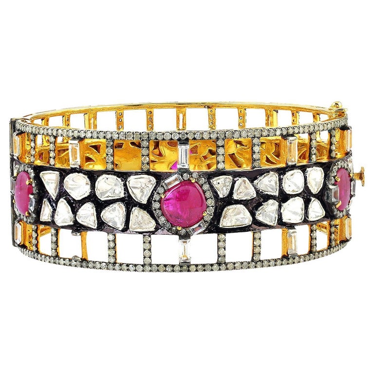 Ruby and Sapphire Cuff Bracelet With Grill and Diamonds in 18k Gold For ...